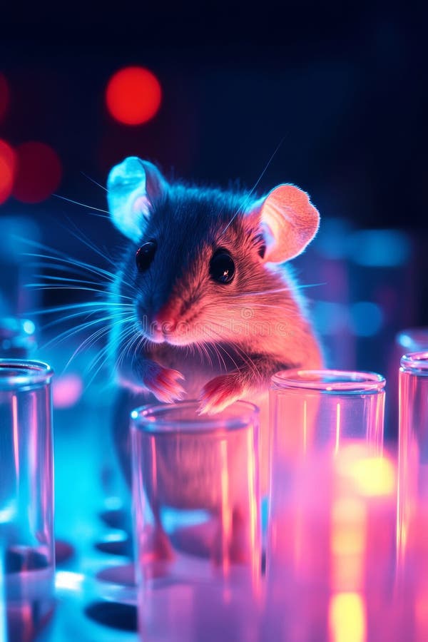 A Curious Mouse Exploring Colorful Test Tubes in a Laboratory during a ...