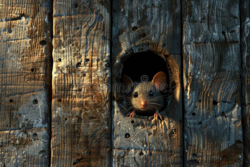 A Curious Mouse Looks Out from a Hole in a Wooden Structure, Providing ...