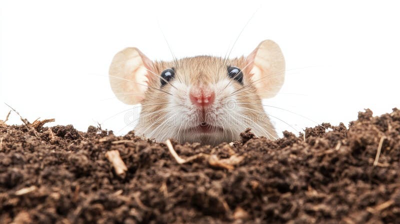 Curious Mouse Peeking Out from a Small Burrow in a Simple White ...