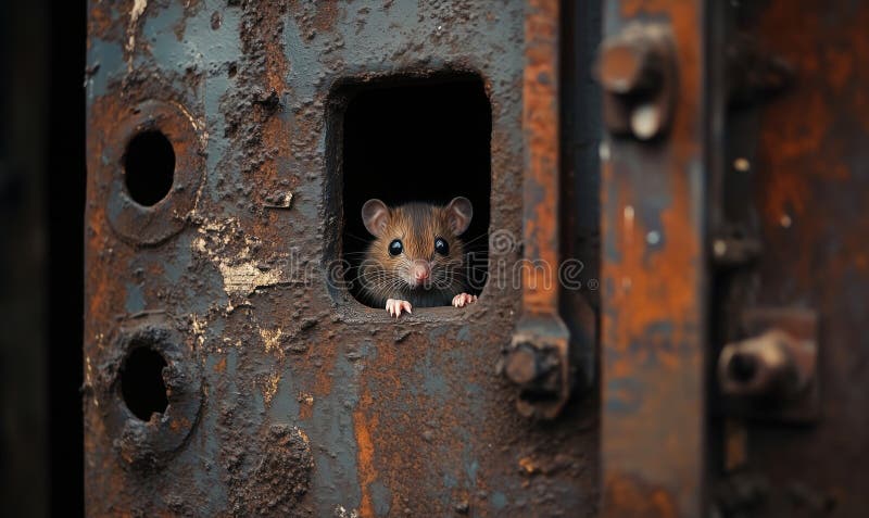 Curious Mouse Peeking through Rusty Metal Hole in Abandoned Structure ...
