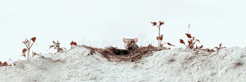 Curious Mouse Peeks from Small Burrow within a Simple White Environment ...