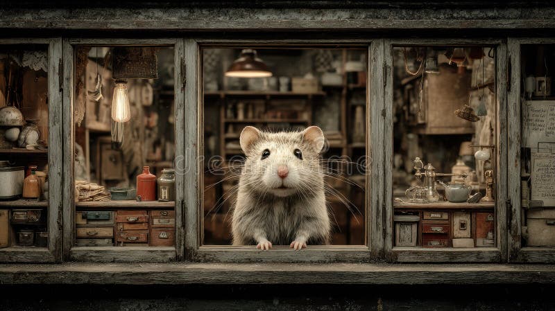 Curious Mouse in Vintage Workshop Window Full of Old Tools and ...