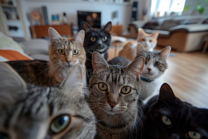 Curious Multibreed Cats Looking at Camera in Home Living Room Stock ...