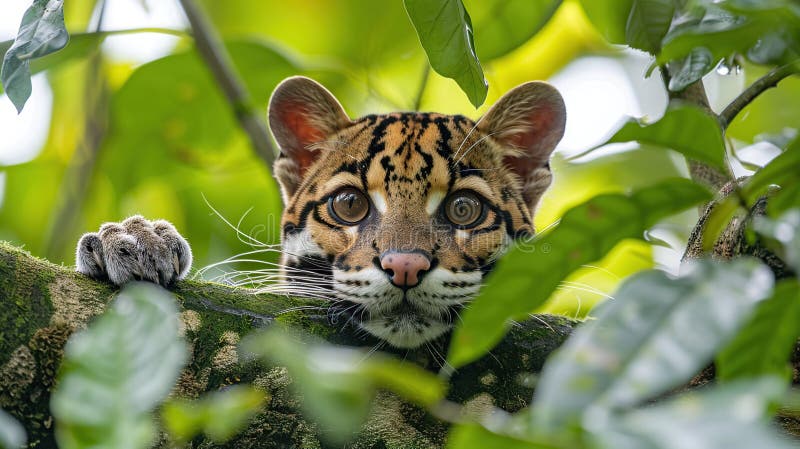 A Curious Ocelot Peeks Out from Behind a Tree Branch, Its Large Eyes ...