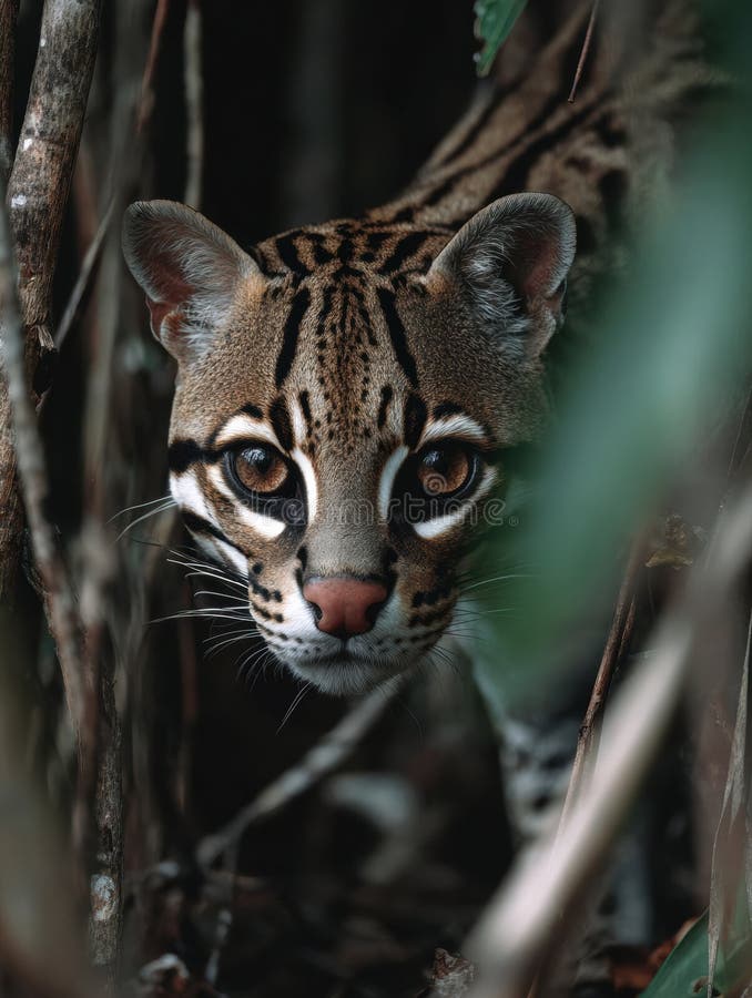 Ocelot Peeking through Dense Underbrush in a Dramatic Display of ...