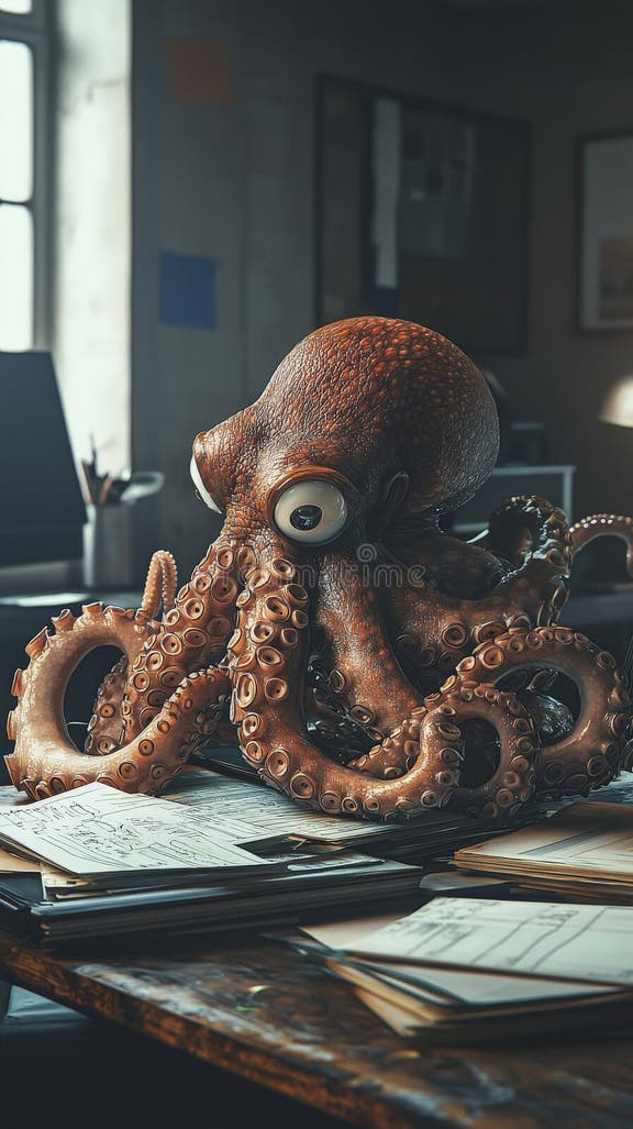 Curious Octopus Explores Documents on Work Surface Stock Illustration ...