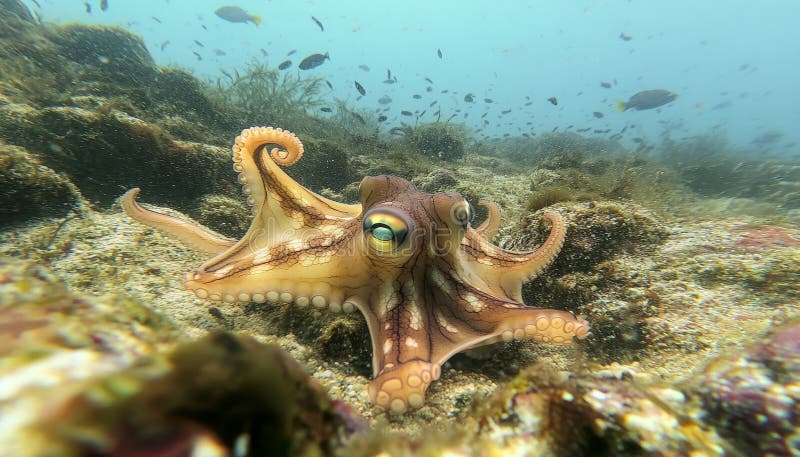 Curious Octopus Exploring the Ocean Floor among Rocks and Fish ...