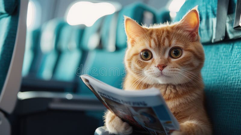 Curious Orange Cat Reading Newspaper on Airplane Seat Stock Photo ...