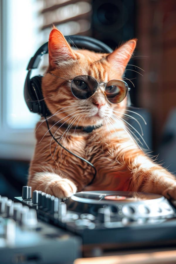 A Curious Orange Cat is Sitting on a Keyboard, Wearing Headphones Stock ...