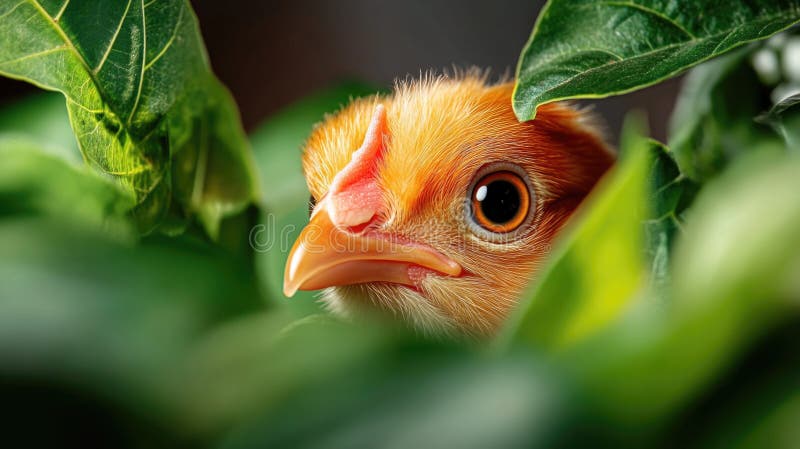 Curious Orange Chick Hidden among Green Leaves Stock Photo - Image of ...