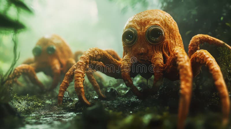 Curious Orange Creatures Exploring a Misty Forest Environment at Dusk ...