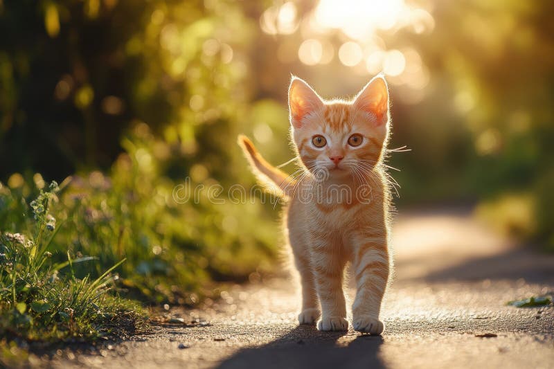 A Curious Orange Kitten Exploring a Sunlit Pathway Surrounded by ...