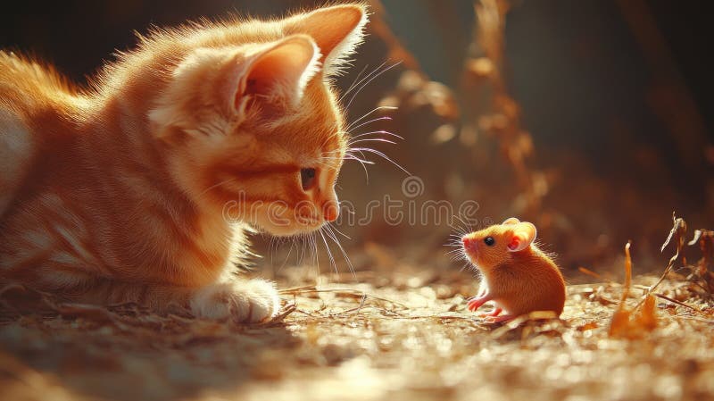 Curious Orange Kitten Observes Small Mouse in Sunlit Outdoor Setting ...