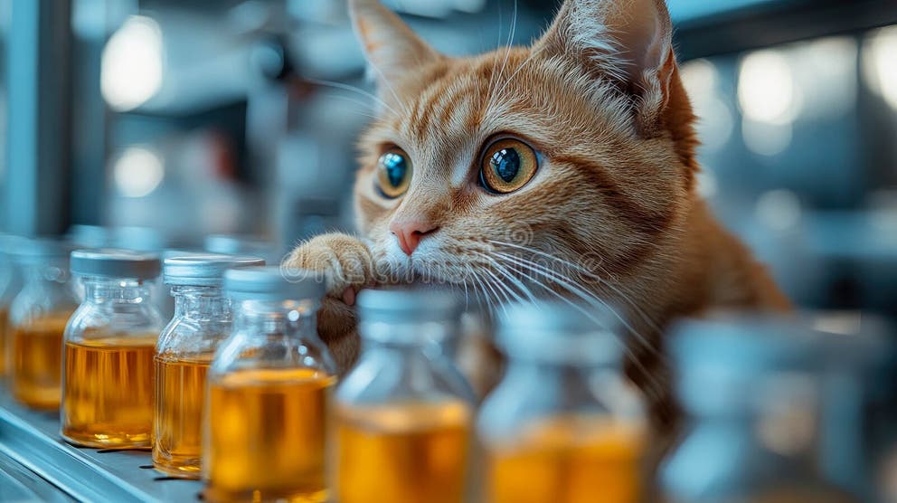 A Curious Orange Tabby Cat Peeks Over Rows of Laboratory Vials in a ...