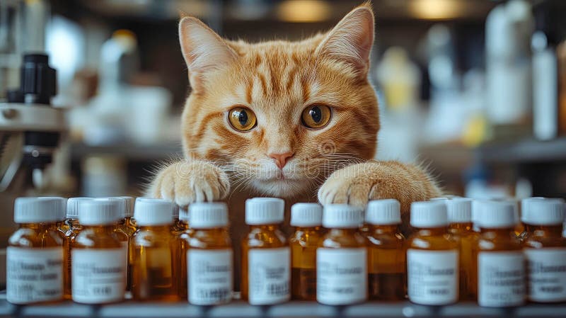 A Curious Orange Tabby Cat Peeks Over Rows of Laboratory Vials in a ...