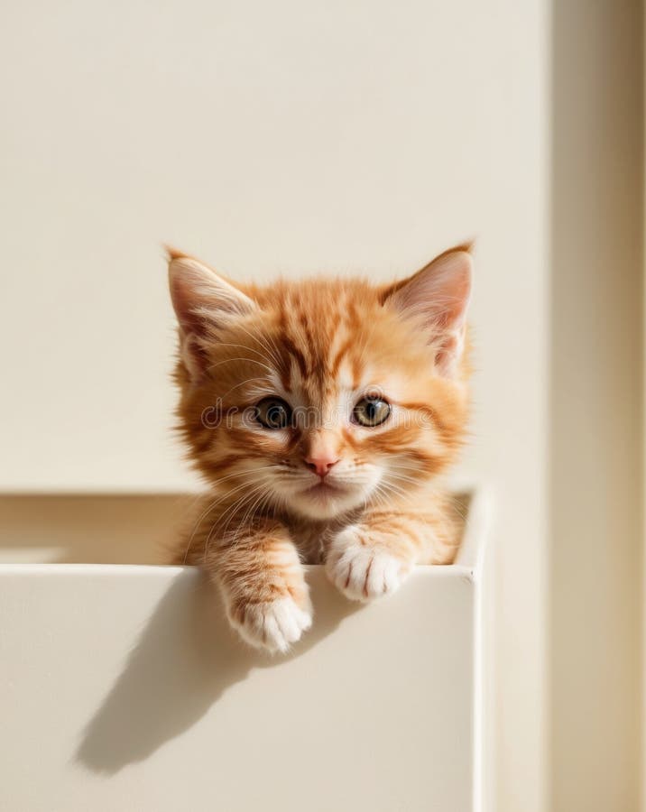 Curious Orange Tabby Kitten Peeking Over Edge. Stock Photo - Image of ...