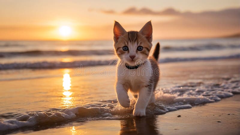 A Kitten Walking on the Beach at Sunset Stock Photo - Image of walk ...