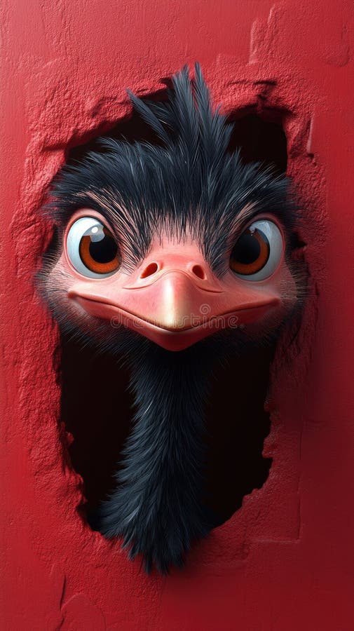 Curious Ostrich Peeking through Red Wall Hole Stock Illustration ...