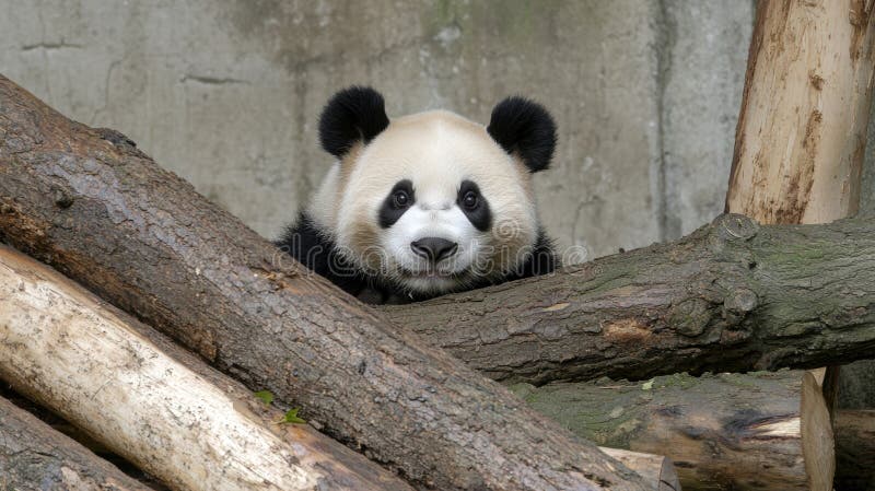 Curious Panda Bear Peeking Out from Behind a Tree Stock Illustration ...