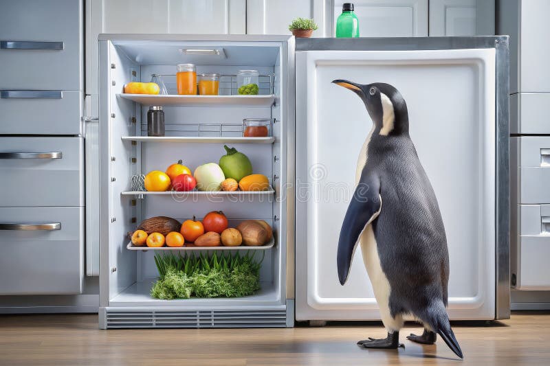 A Curious Penguin Stands in Front of an Open Fridge in a Brightly ...