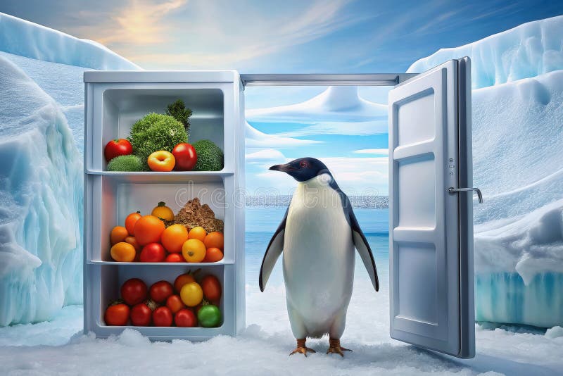 A Curious Penguin Stands in Front of an Open Fridge in a Brightly ...