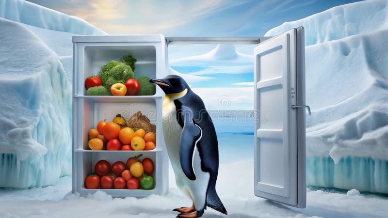 Penguin Explores an Open Fridge Filled with Food, at Home in a Cosy ...