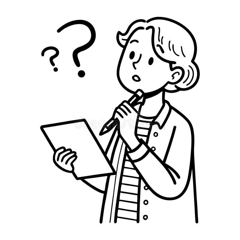 Curious Person Thinking with Pen and Paper Surrounded by Question Marks ...
