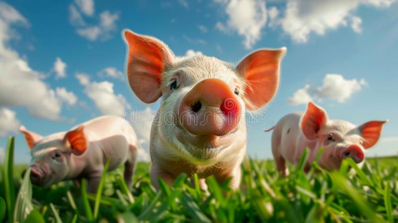 Curious Pig in Green Field.AI Generated Image Stock Image - Image of ...