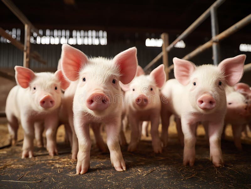 Curious Piglets Standing Together Inside a Barn with Focused ...