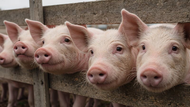 Curious Pigs Poking Snouts through Fence in Unison Stock Illustration ...