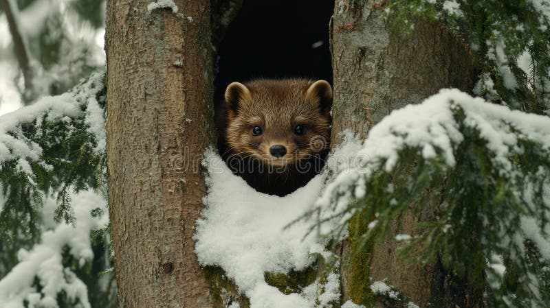 Curious Pine Marten Peeking Out from Snowy Tree Hollow in Winter Forest ...