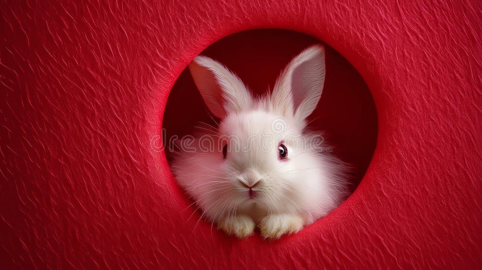 Curious Pink Rabbit with White Ears Peeks through Round Opening in ...