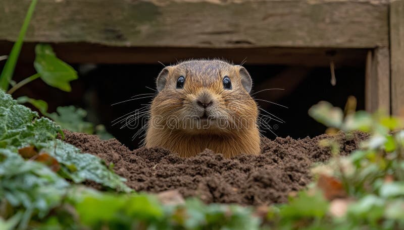 Curious Pocket Gopher Peeking Out from Burrow Entrance, Surrounded by ...