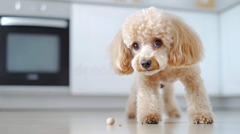 Curious Poodle Dog Looking at Small Ball in Bright Kitchen Stock ...