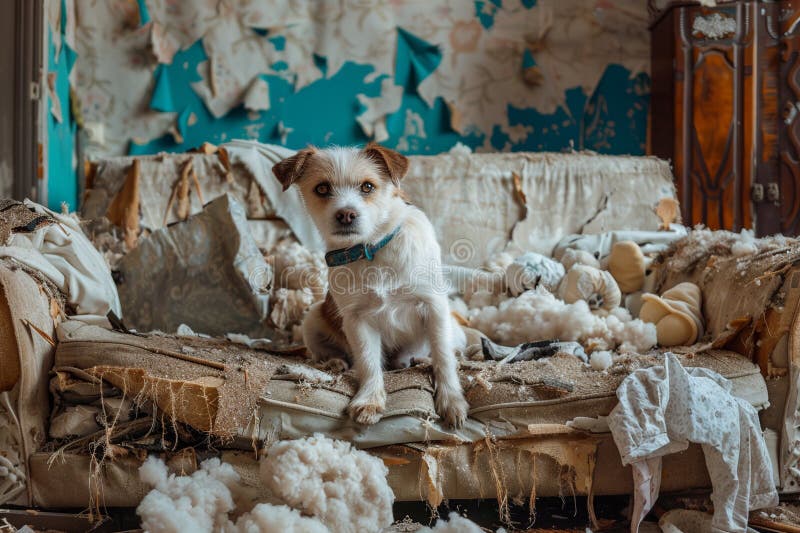 A Curious Puppy on a Torn Couch Stock Illustration - Illustration of ...