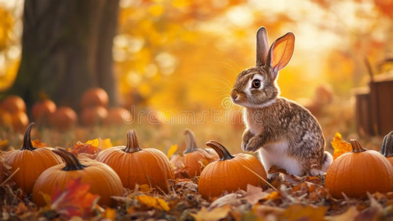 A Curious Rabbit among Autumn Pumpkins Stock Illustration ...