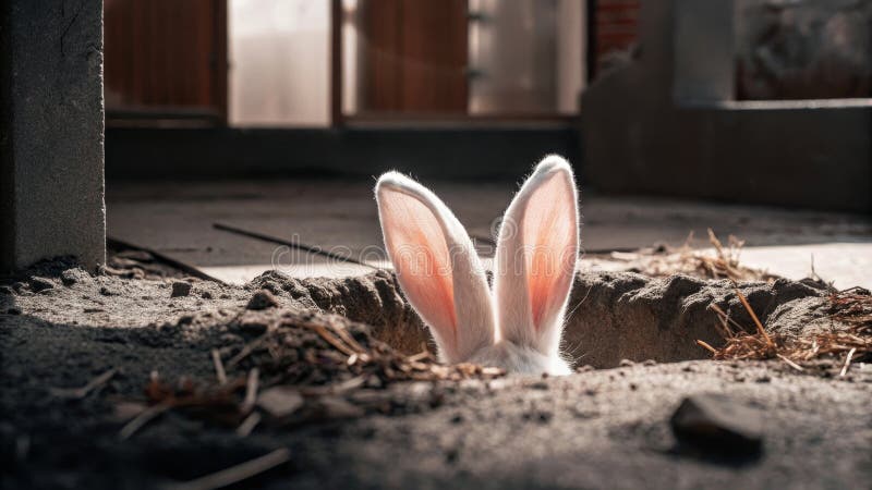 Curious Rabbit Ears Emerging from Burrow in Sunlit Garden Stock Image ...