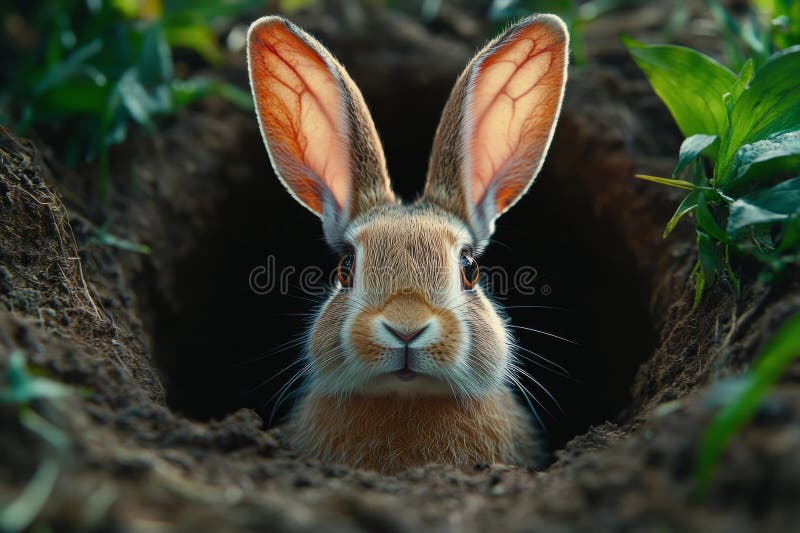 Curious Rabbit Emerging from Burrow Stock Photo - Image of survival ...