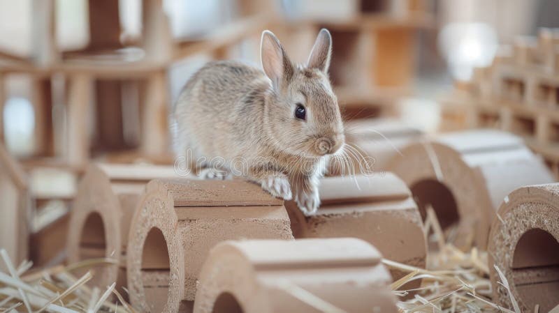 A Curious Rabbit Exploring Its Playful Habitat Amidst Wooden Structures ...