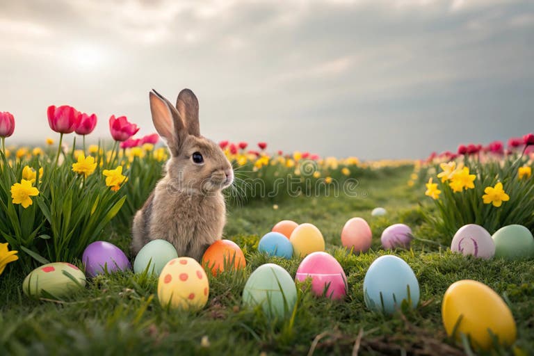 A Charming Bunny Amongst Easter Eggs and Blooms by Generative AI Stock Image - Image of fresh ...