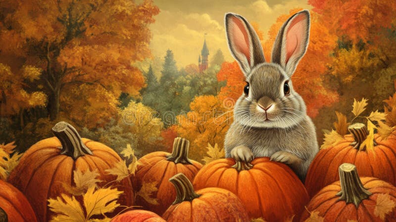 A Curious Rabbit in a Fall Pumpkin Patch Stock Illustration ...