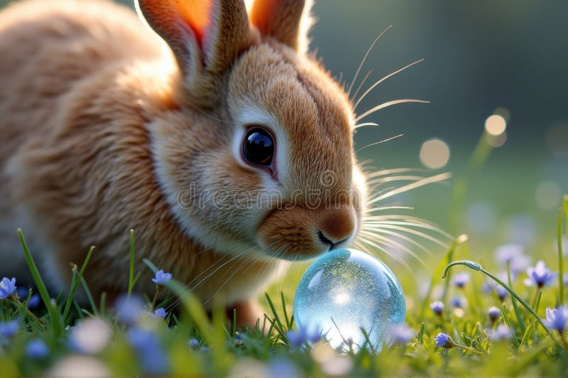 Curious Rabbit with Glass Sphere in Lush Meadow Stock Image - Image of ...