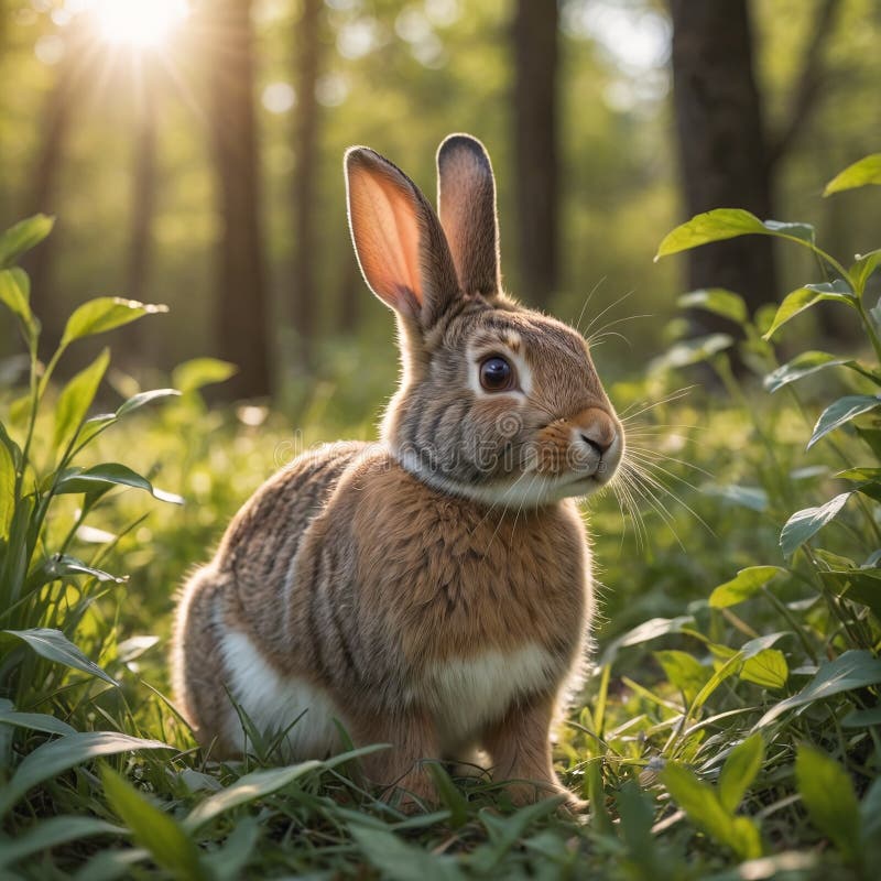 Curious Rabbit in Grass with Spring Leaves Cinematic Film Still Stock ...