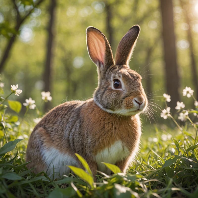 Curious Rabbit in Grass with Spring Leaves Cinematic Film Still Stock ...