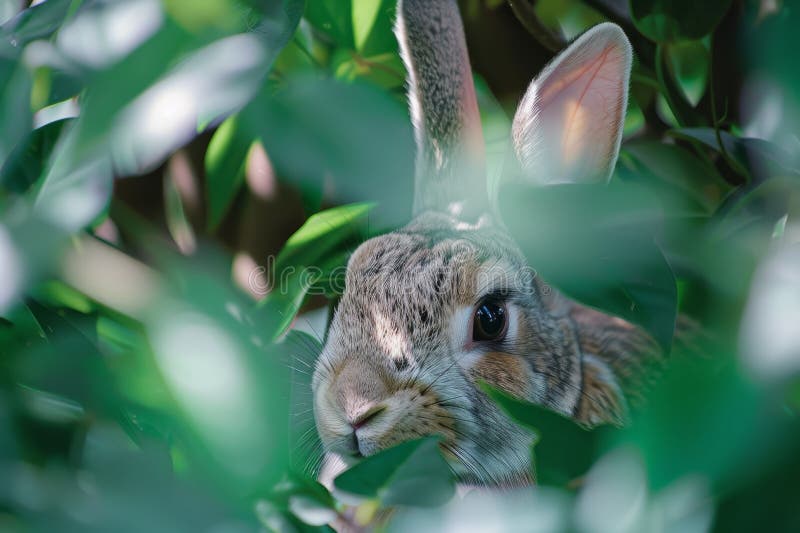 Curious Rabbit Peeking through Green Leaves Stock Illustration ...