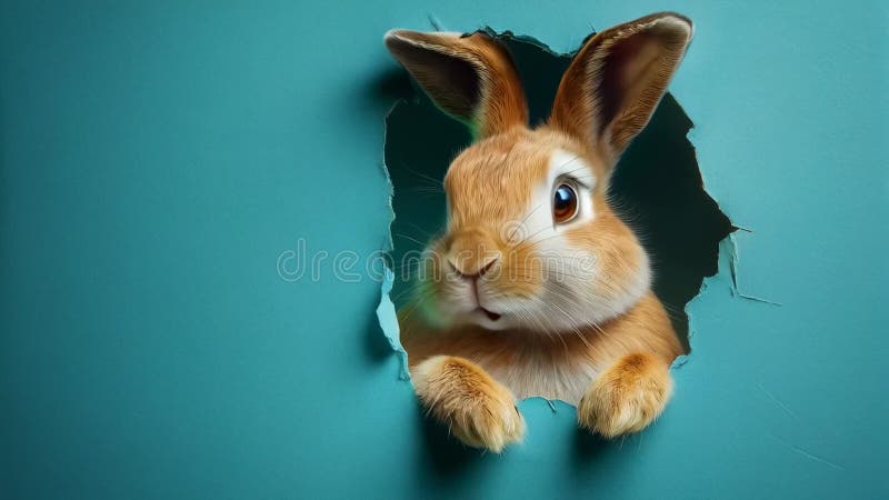 Adorable Rabbit Peeking through Hole in Teal Wall Background Stock ...