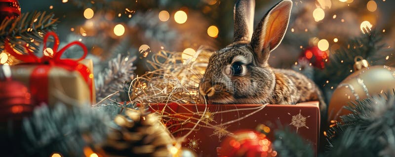A Curious Rabbit Peeking into a Large Christmas Gift Box, Surrounded by ...