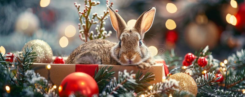 A Curious Rabbit Peeking into a Large Christmas Gift Box, Surrounded by ...