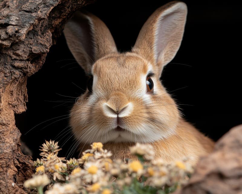 Curious Rabbit Peeking Out from Behind Rocks Stock Illustration ...