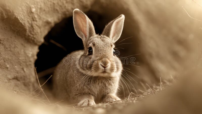 Curious Rabbit Peeking Out of Burrow with Backlit Golden Glow Stock ...